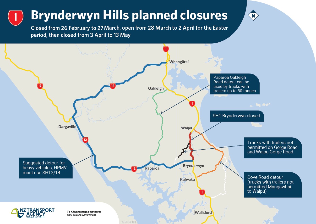 Detour routes and dates confirmed for upcoming SH1 Brynderwyn Hills closure